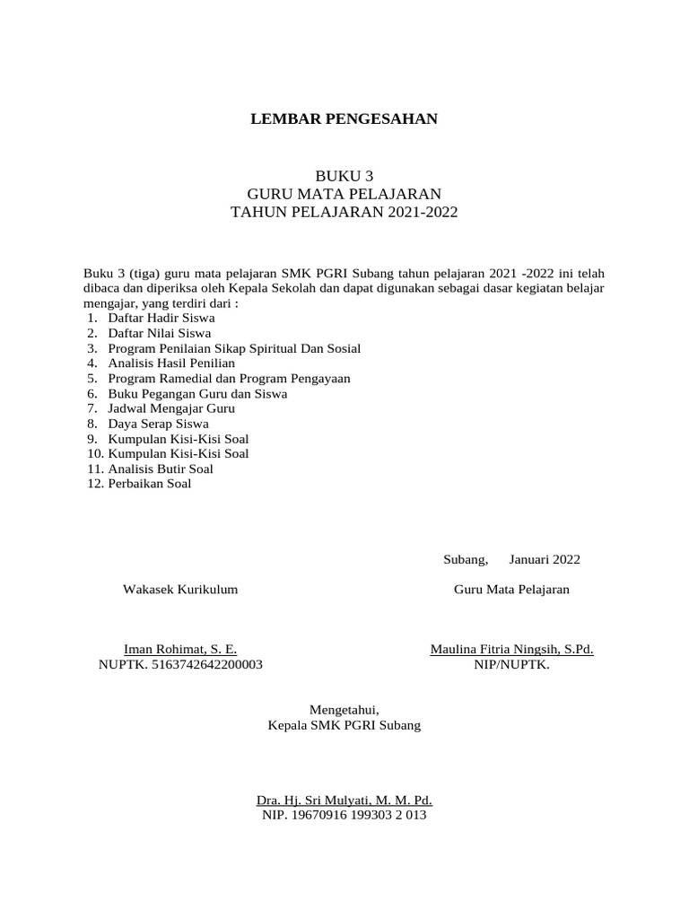 Lembar Pengesahan Buku Kerja 3 Dan 4 | PDF