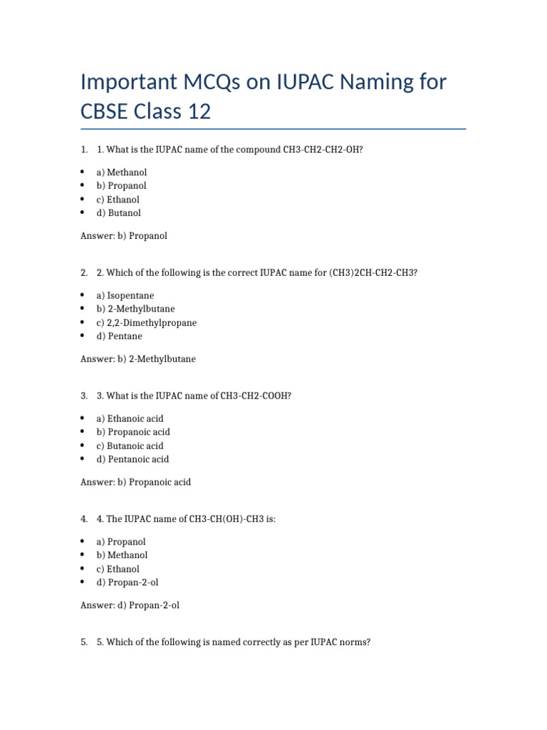 IUPAC Naming MCQs for Class 12 | PDF | Teaching Methods & Materials ...