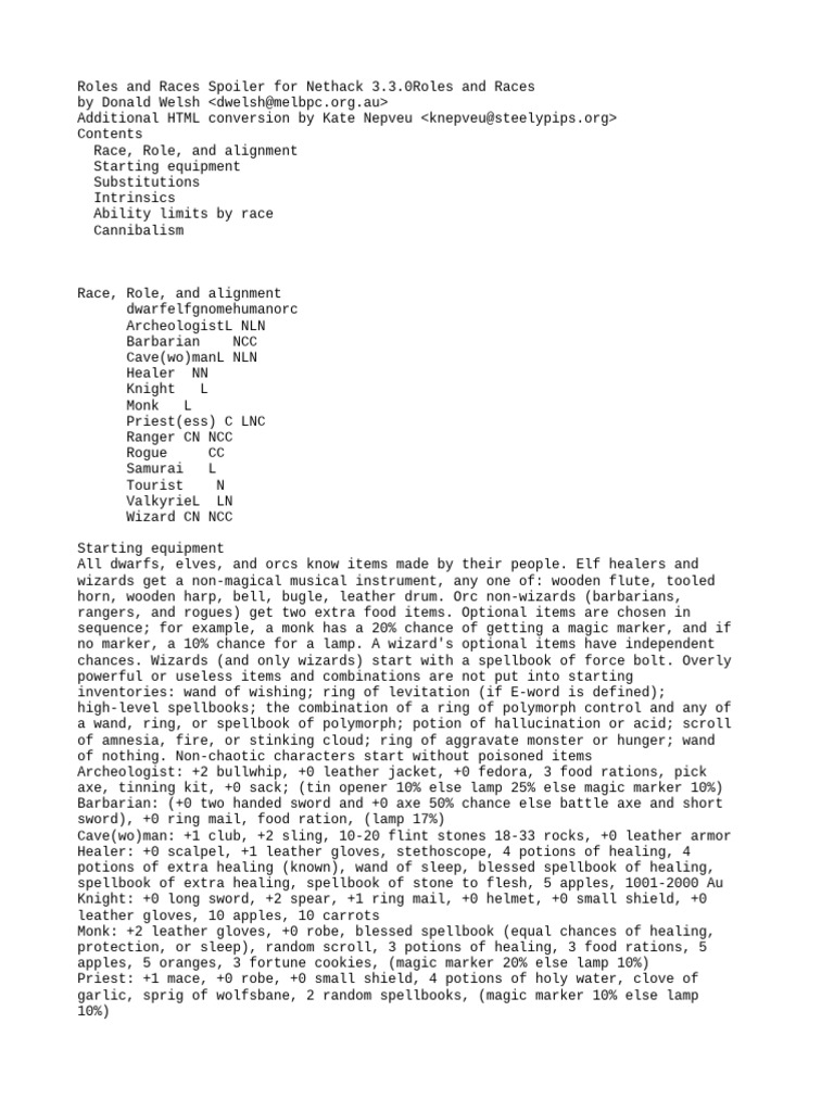 Roles and Races Spoiler For Nethack 3 - 3 - 0 | PDF | Law