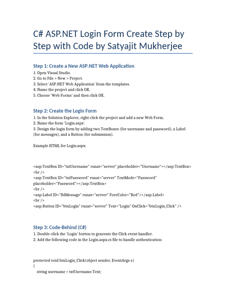 ASP NET Login Form Step by Step Satyajit Mukherjee | PDF