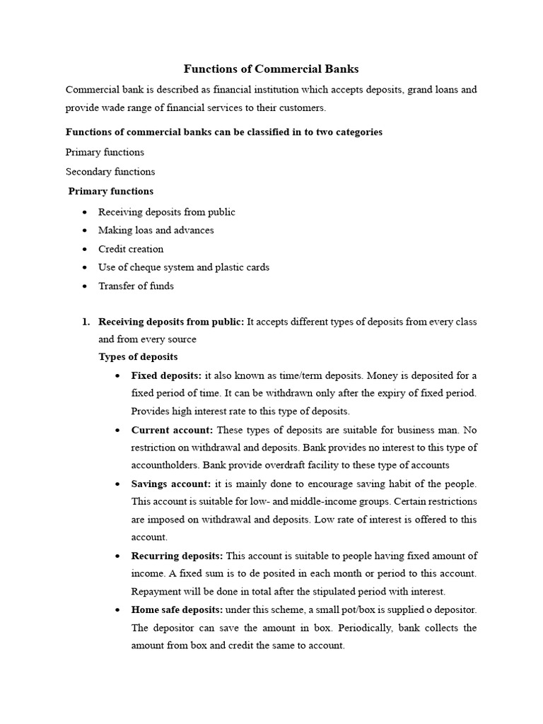 Functions of Commercial Banks Explained | PDF | Banks | Deposit Account