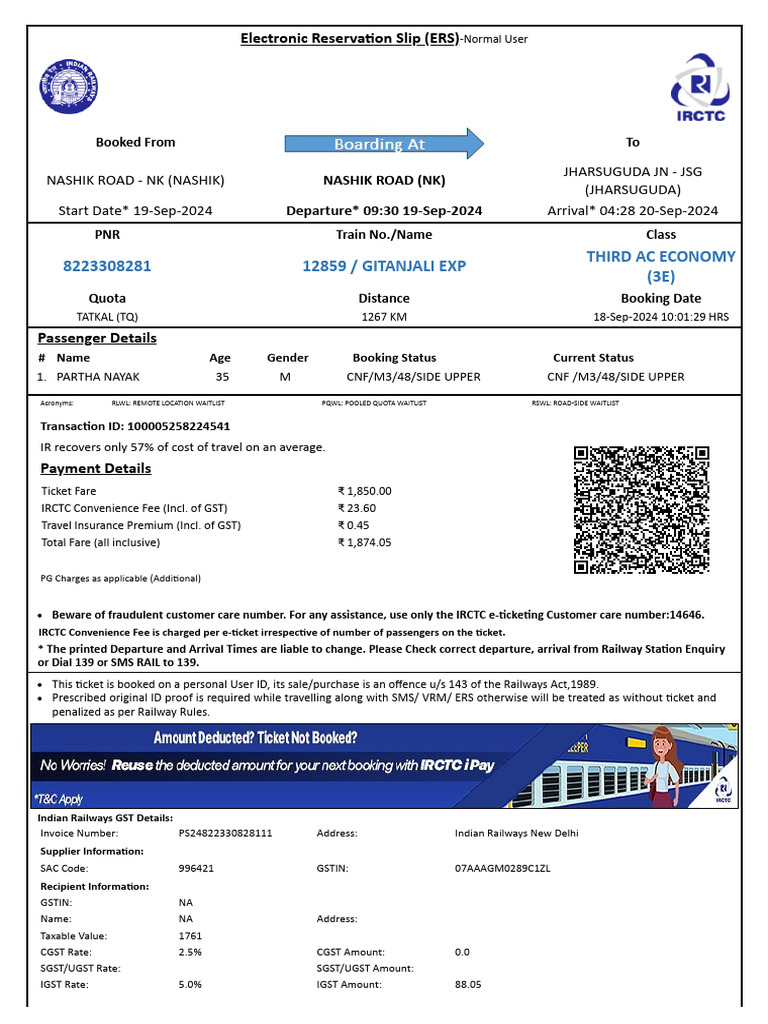 Nasik To JSG - Doj - 19 Sep 24 - Partha Nayak | PDF | Identity Document | Payments