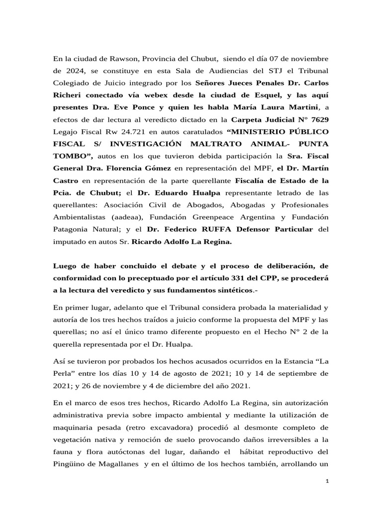 Veredicto Causa Pingüinos | PDF | Queja | Fiscal