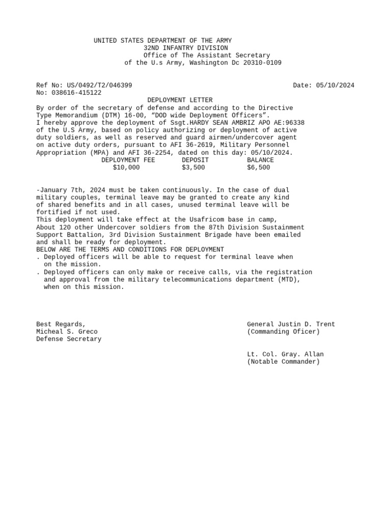 U.S. Army Deployment Approval Letter | PDF