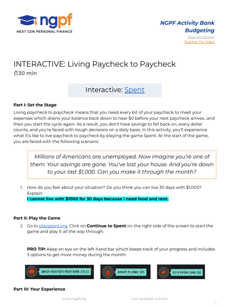 Interactive Living Paycheck Simulation | PDF | Psychological Concepts ...