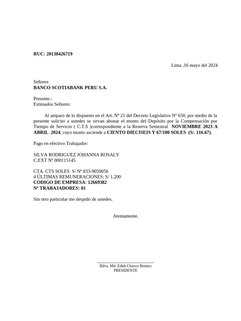 Carta CTS Bco - CTS Soles - Scotiabank | PDF