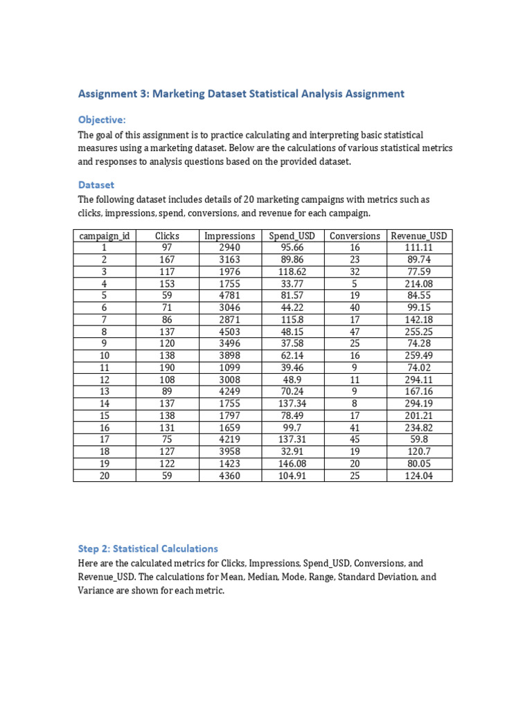 Marketing Dataset Statistical Analysis Assignment With Calculations ...