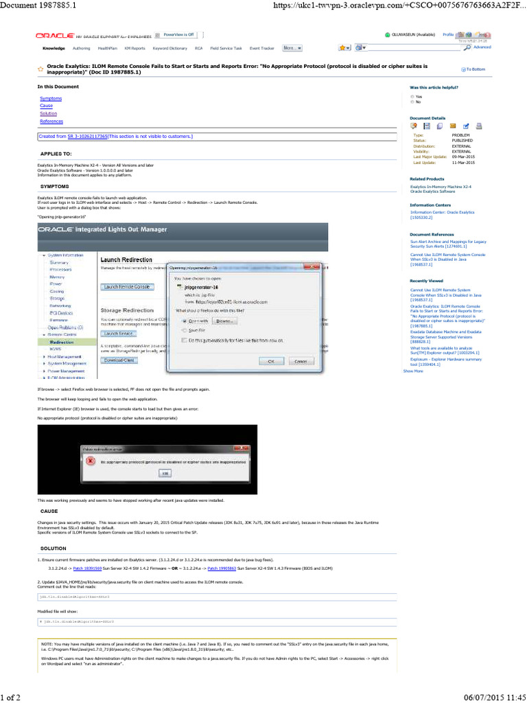 Oracle Exalytics ILOM Remote Console Fails To Start or Starts and Reports Error No Appropriate ...
