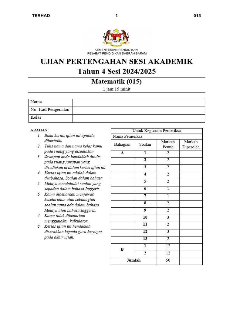 2024 - Upsa - MT - Tahun 4 | PDF