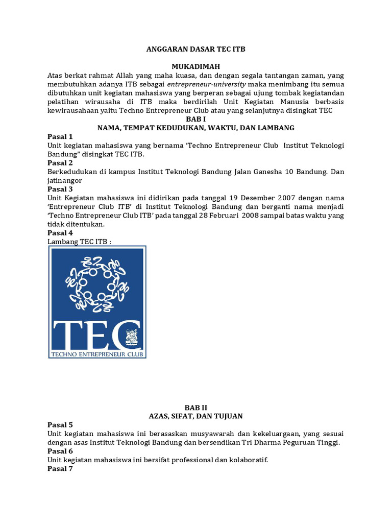 Anggaran Dasar TEC ITB | PDF | Pengelolaan Keuangan & Uang | Komputer