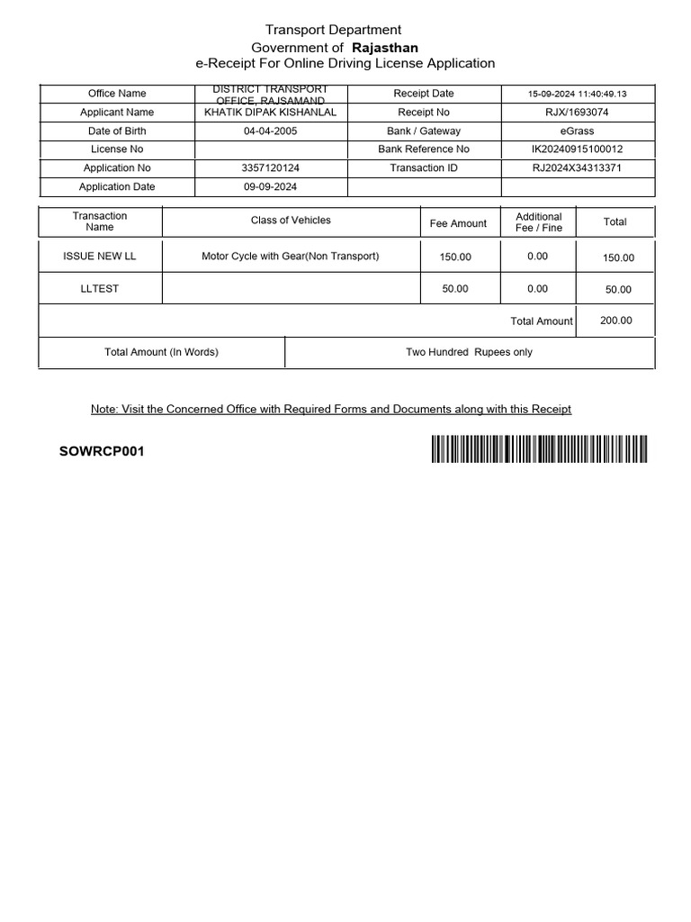 LL Licence Receipt | PDF