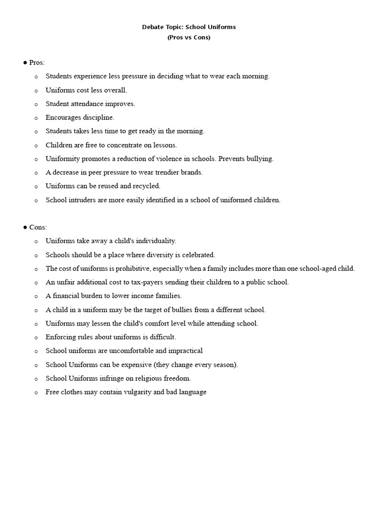 Debate & Writing Topic - School Uniforms (Brainstorming) | PDF