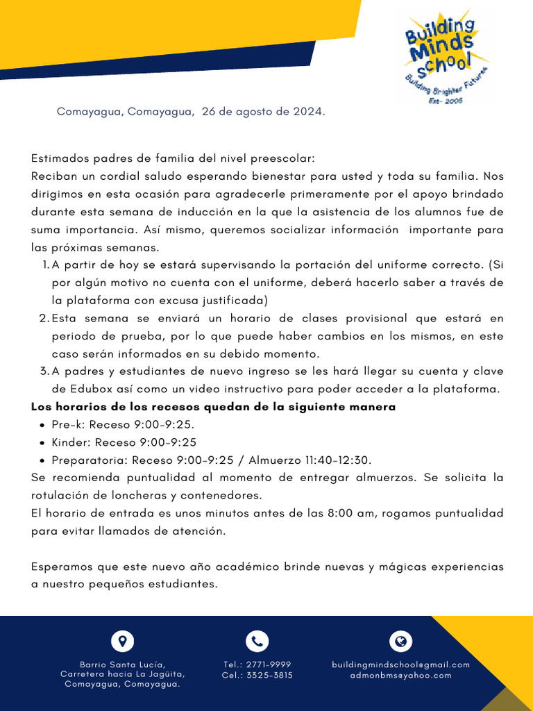 Comunicado #1 Preescolar 24-25 | PDF