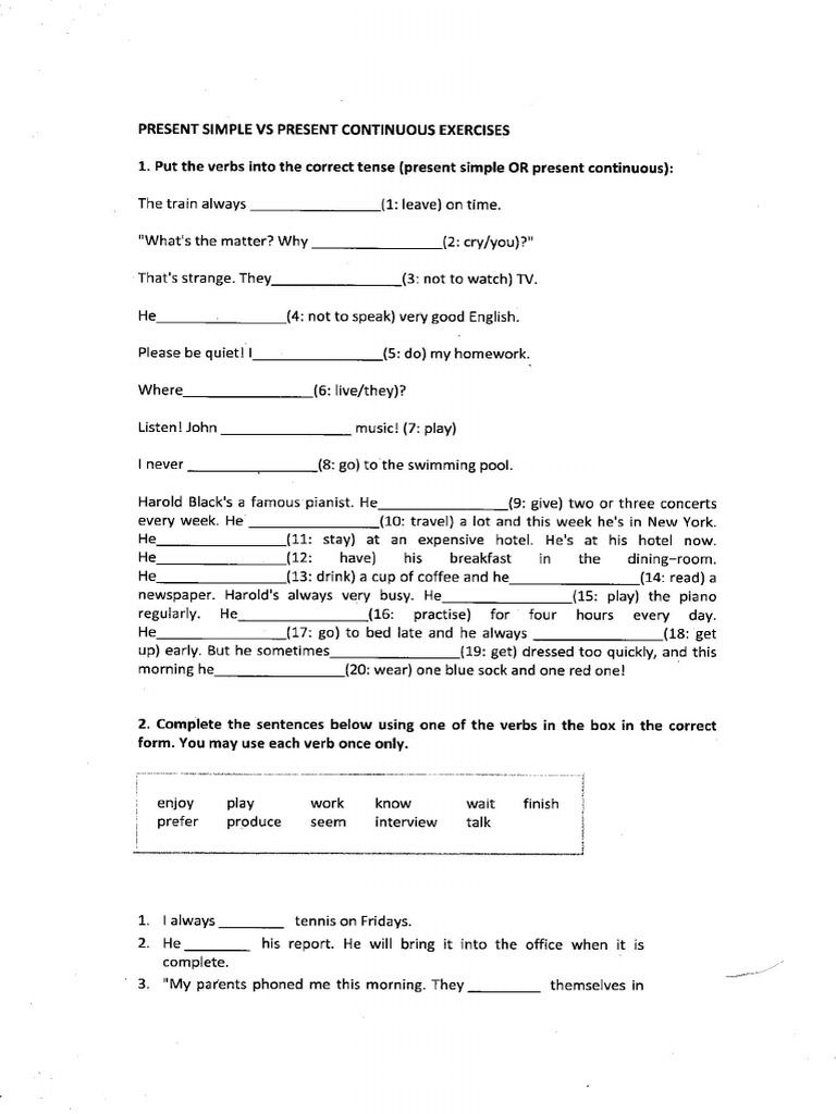 Present Simple vs. Present Continuous Exercises | PDF