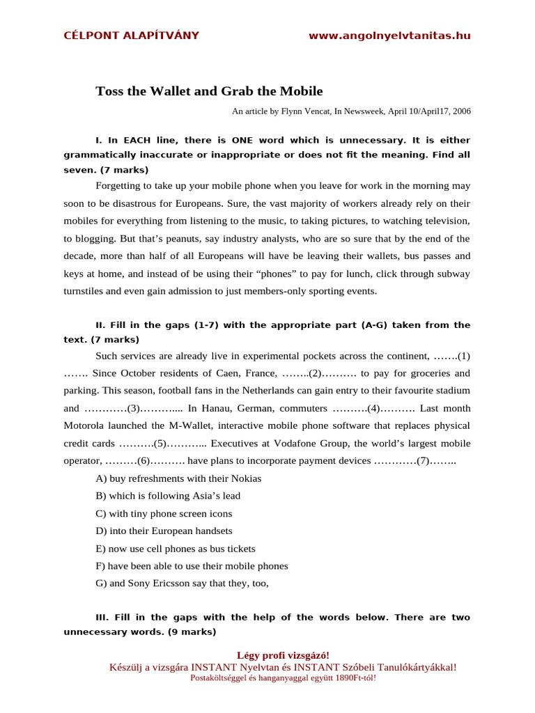 Mini Nyelvvizsga18 Toss The Wallet-Angolnyelvtanitashu | PDF | Service ...