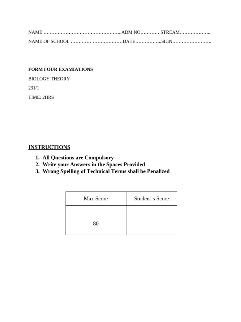 Form 4 - Biology - Paper 1 Question Paper | PDF | Biology