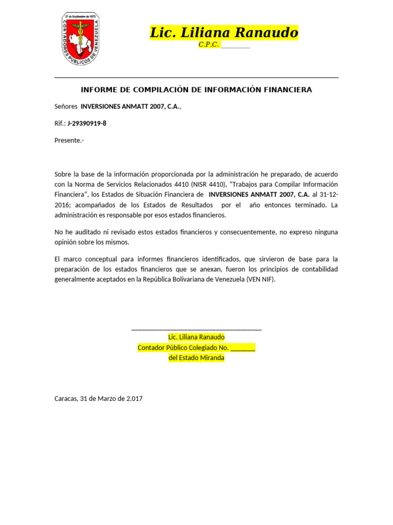 Informe de Compilación de Información Financiera | PDF | Estado financiero | Contador