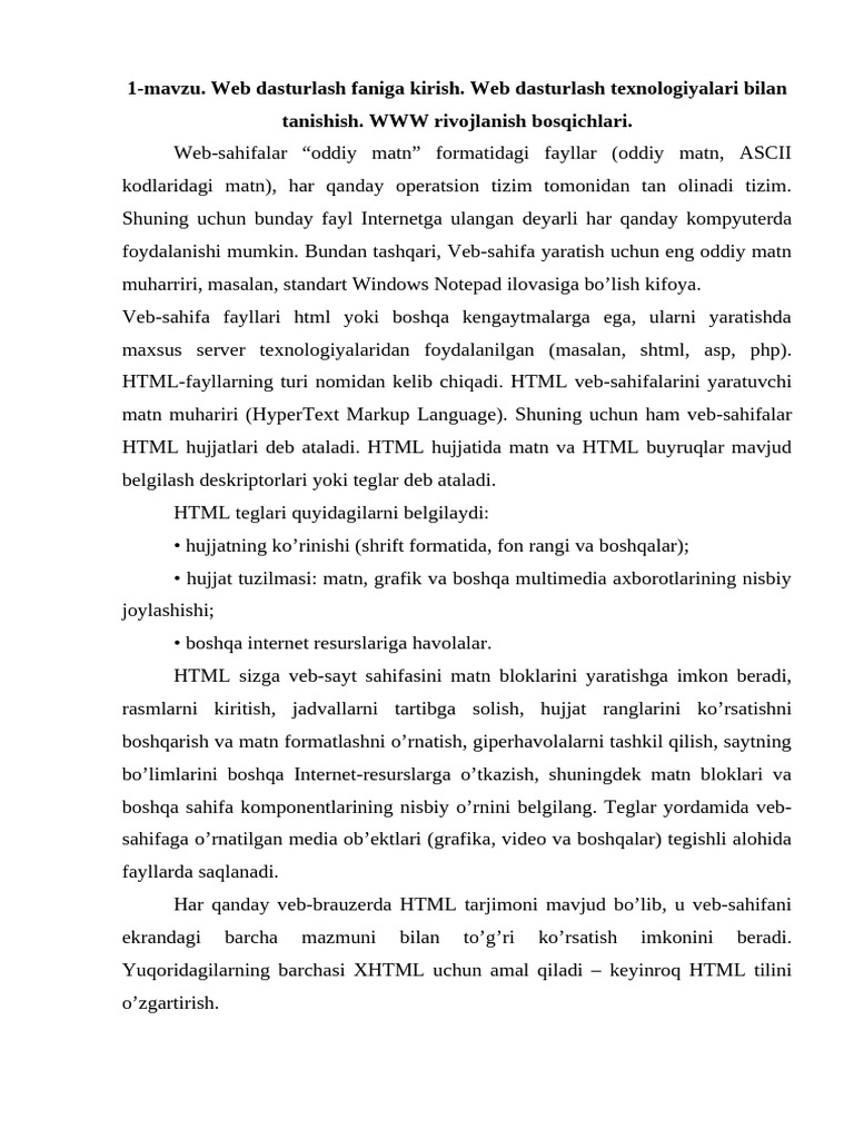 1-Mavzu. Web Dasturlash Faniga Kirish. Web Dasturlash Texnologiyalari Bilan Tanishish. WWW ...