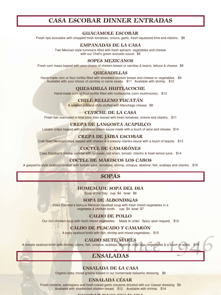 Casa Escobar Westlake Dinner Menu 2011 | PDF | Burrito | Mexican Cuisine