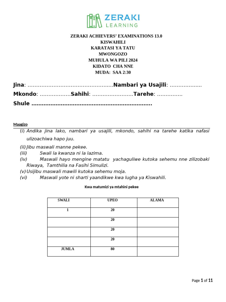 Kiswahili Paper 3 Marking Scheme 1 | PDF