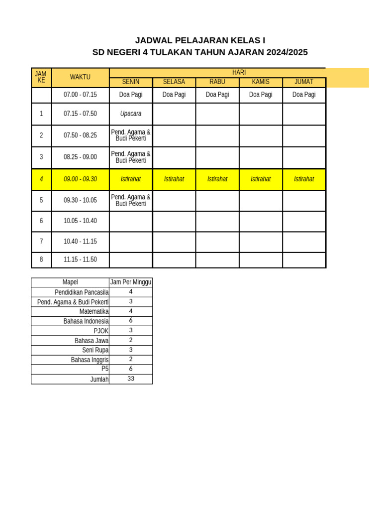 JADWAL PELAJARAN TA. 2024 - 2025 Edit | PDF
