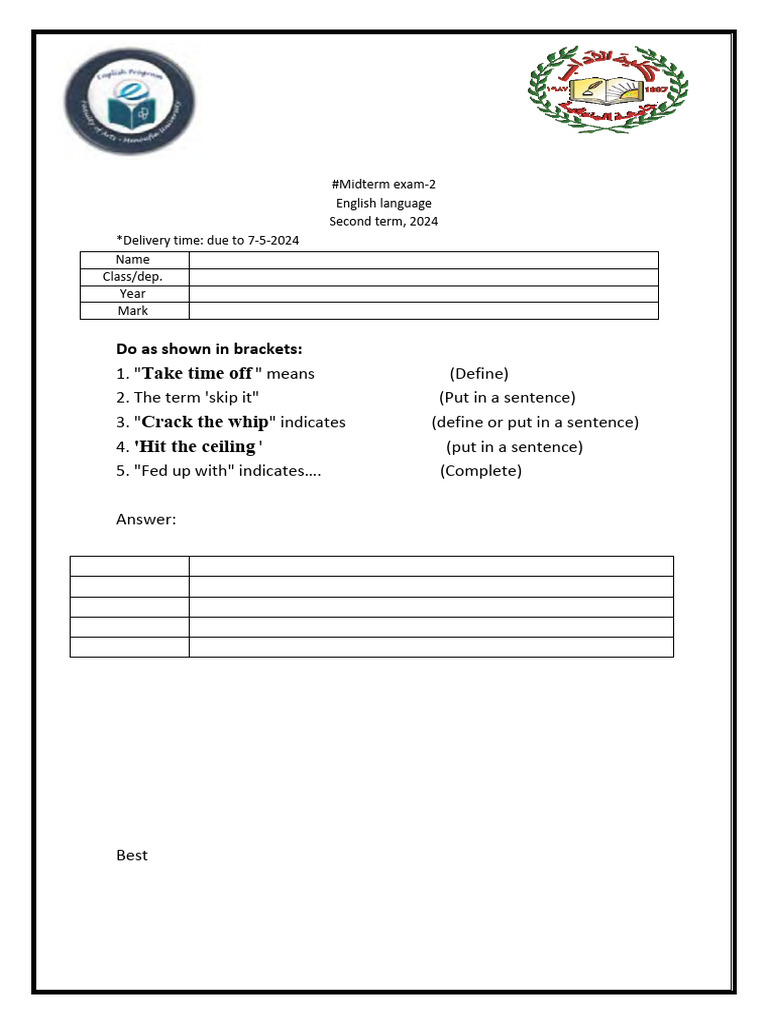 English Midterm Exam 2: Definitions & Sentences | PDF