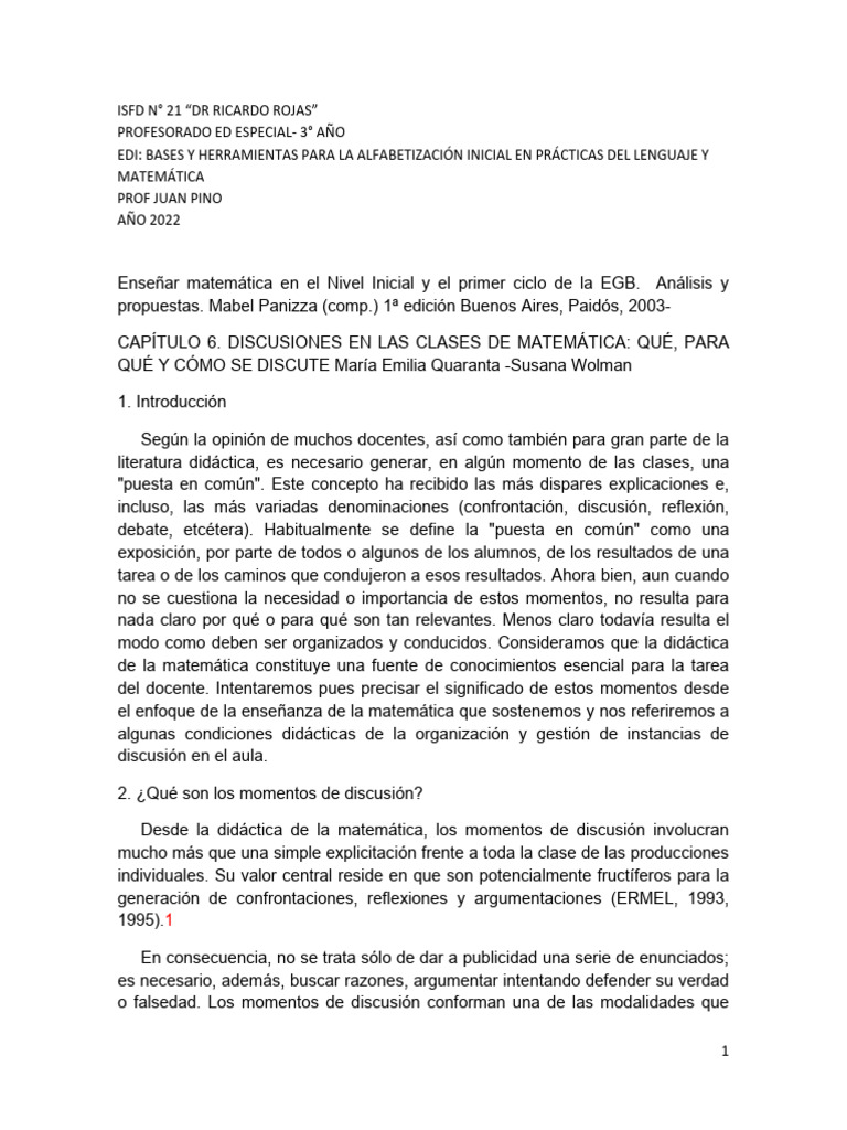 Discusiones en Las Clases de Matematicas Wolman Quaranta | PDF ...