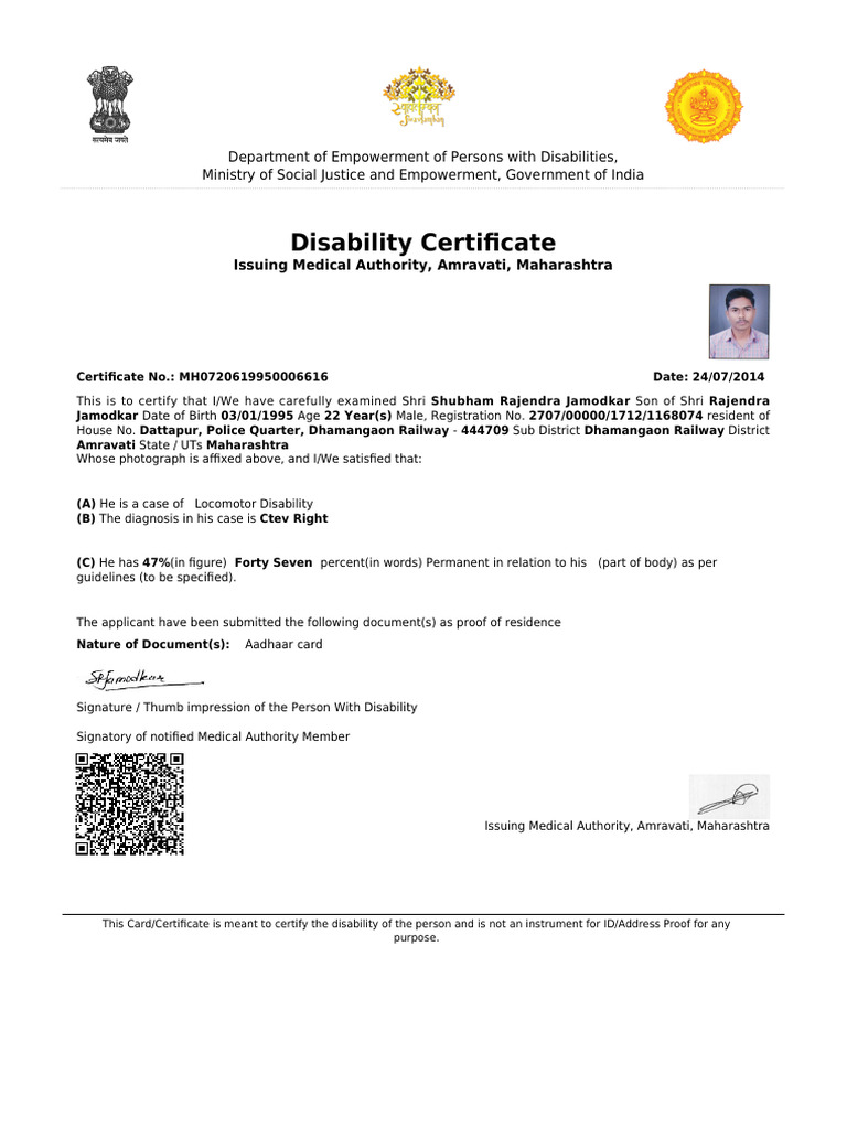 Central Disability Certificate | PDF