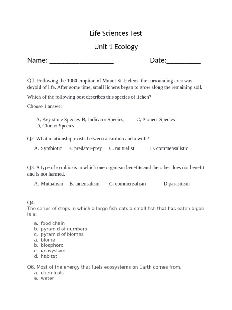 Life Sciences Ecology Test | PDF | Ecosystem | Ecology