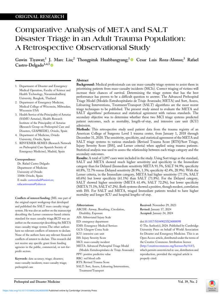 Comparative Analysis of META and SALT Disaster Triage in An Adult ...