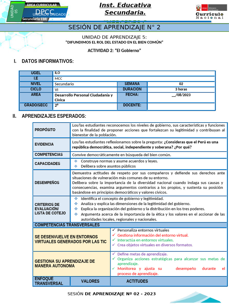 2º DPCC - Ses 2 Uni 5 - Sem 02 (1) - para Combinar | PDF | Aprendizaje | Evaluación