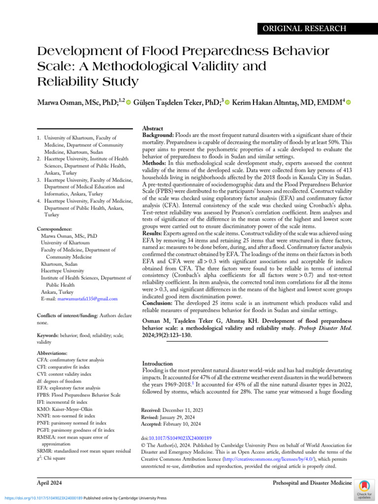 Development of Flood Preparedness Behavior Scale - A Methodological Validity and Reliability ...