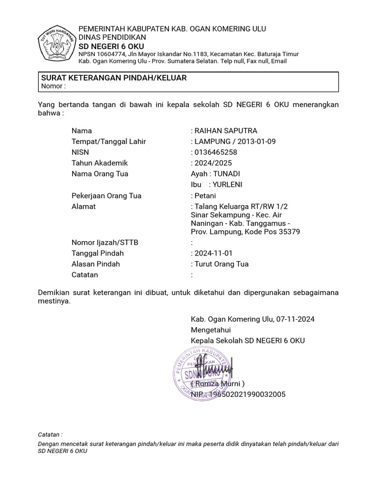 Surat Pindah Raihan | PDF