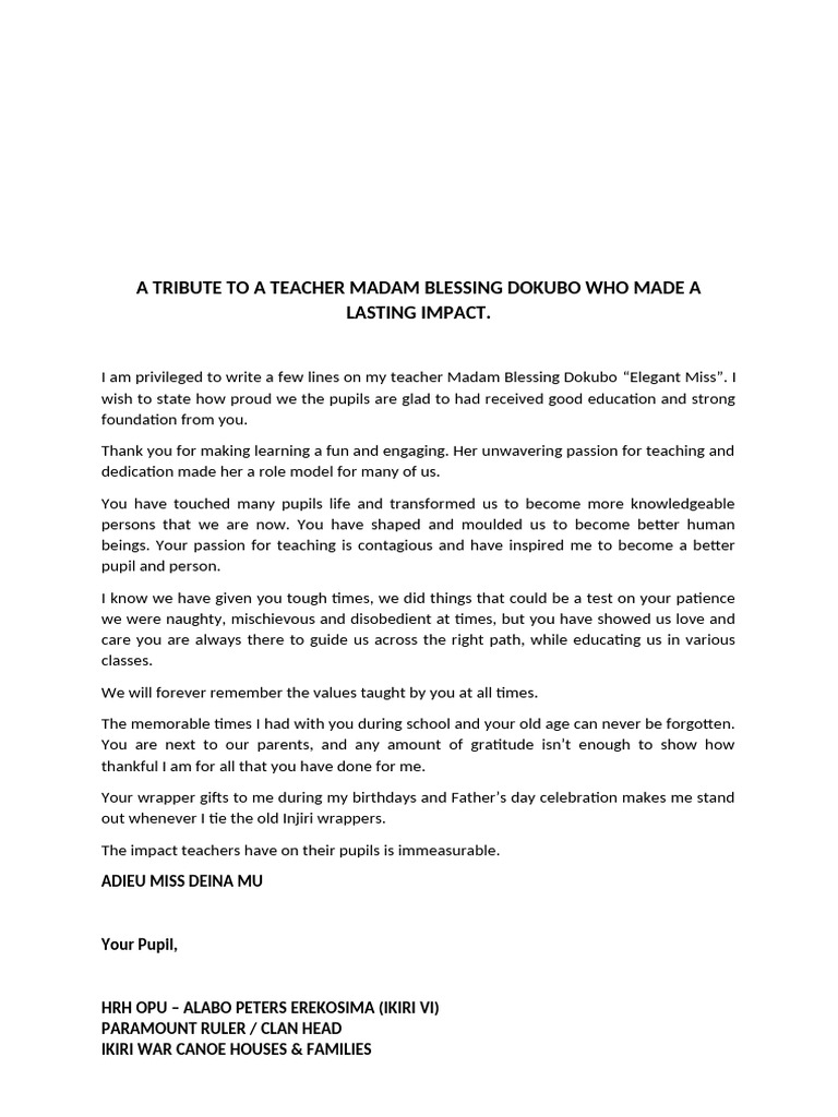 Tribute to Teacher Madam Blessing Dokubo | PDF | Wellness