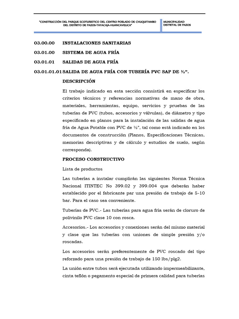 Especificaciones Tecnicas - Instalaciones Sanitarias | PDF | Tubería (transporte de fluidos ...