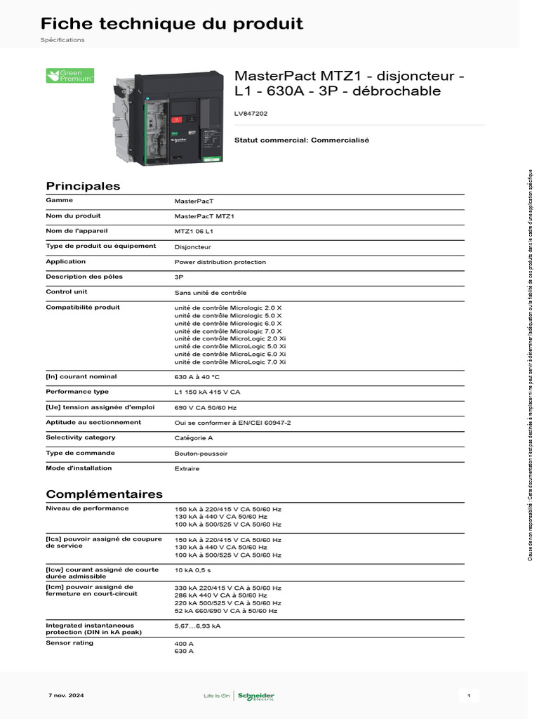 Disjoncteur MasterPact MTZ1 630A 3P | PDF | Sciences de l'environnement ...