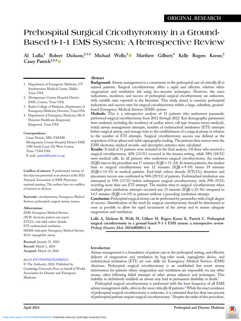 Prehospital Surgical Cricothyrotomy in A Ground-Based 9-1-1 EMS System - A Retrospective Review ...