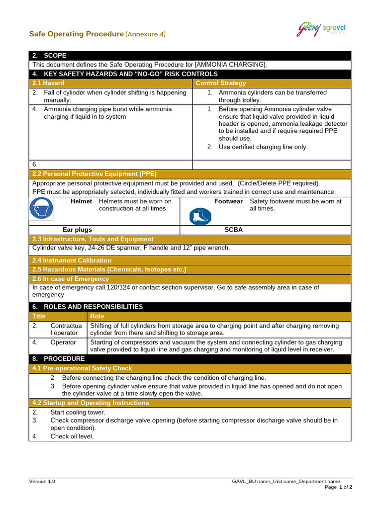 Sop For Ammonia Charging | PDF | Personal Protective Equipment | Valve