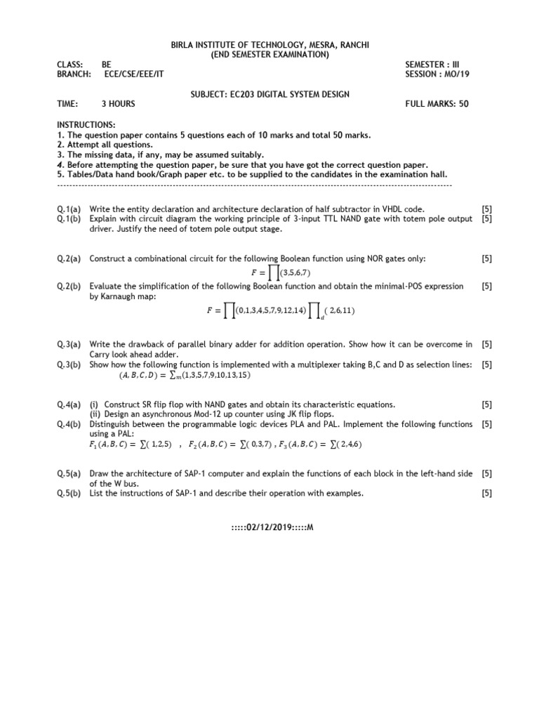 Ec203 Digital System Design End Mo19 Pdf Logic Gate Electronics 2629