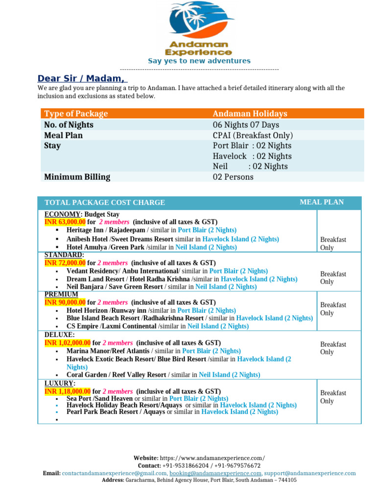 Dear Sir / Madam,: Type of Package Andaman Holidays | PDF | Beach