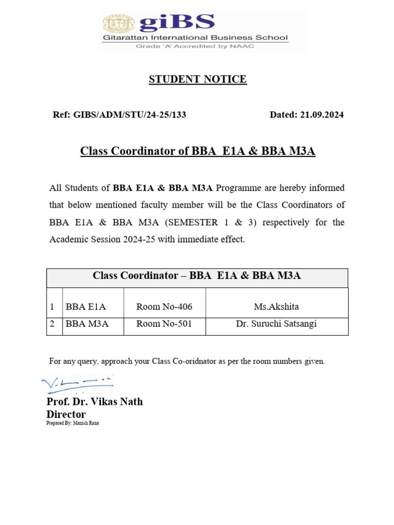 133-Change of Class Coordinator of Bba E1a & Bba M3a | PDF