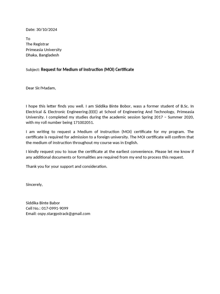 Request For Medium of Instruction (MOI) Certificate | PDF