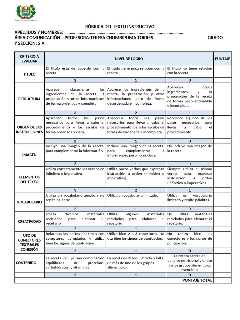Rúbrica Texto Instructivo | PDF