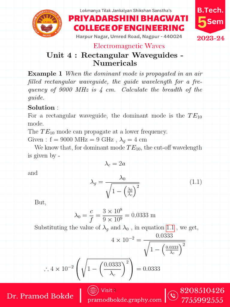 Emw Unit 4 Rectangular Waveguide Numericals Pdf Waveguide Waves