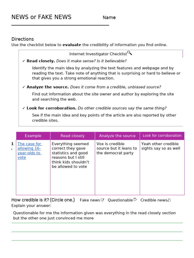 Finding Credible News - News or Fake News - Student Handout | PDF ...