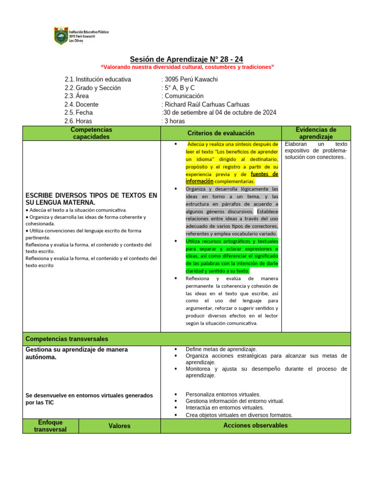 Sesión de Aprendizaje #28 - 5° Sec. - 24 | PDF | Aprendizaje | Evaluación