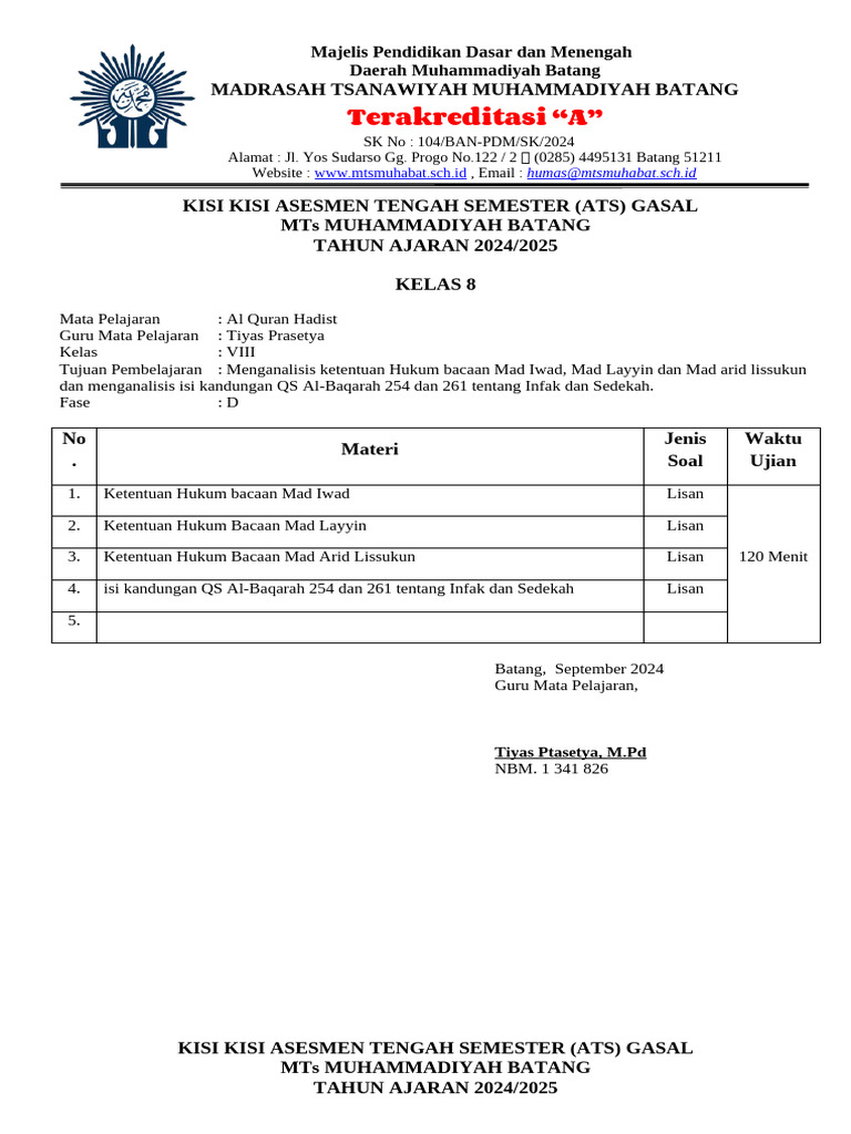 (Kelas 8) - Kisi Kisi Asesmen Tengah Semester (Ats) Gasal Mts Muh Batang Ta. 2024-2025 | PDF