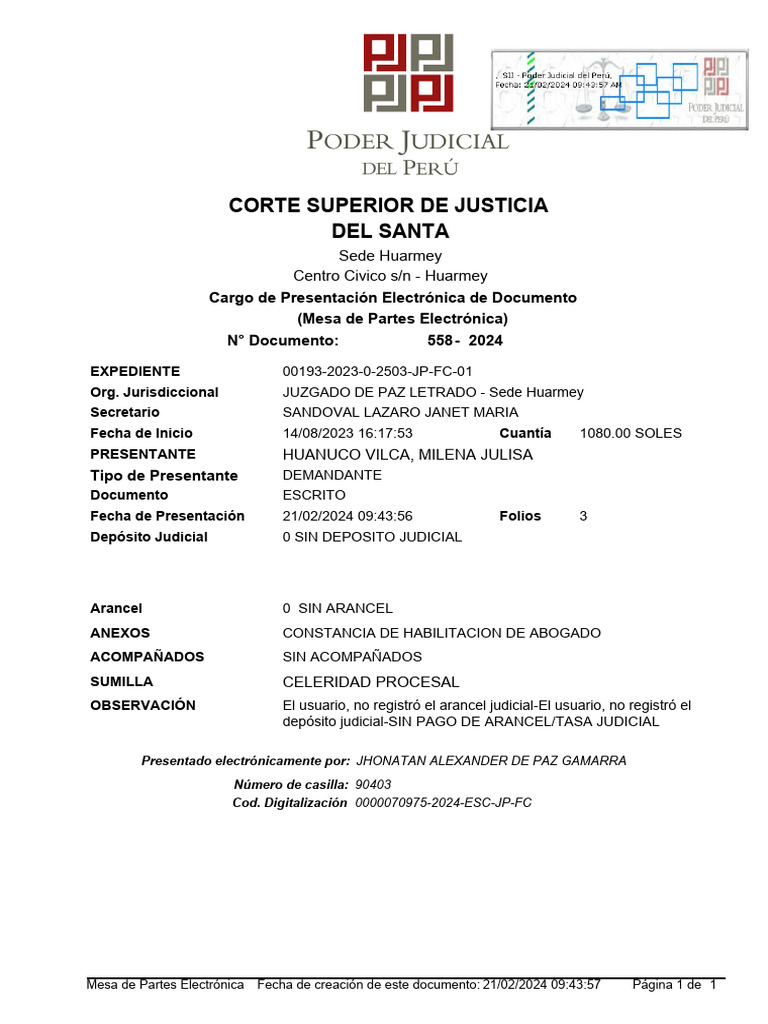 Del Santa Corte Superior de Justicia: Cargo de Presentación Electrónica de Documento (Mesa de ...