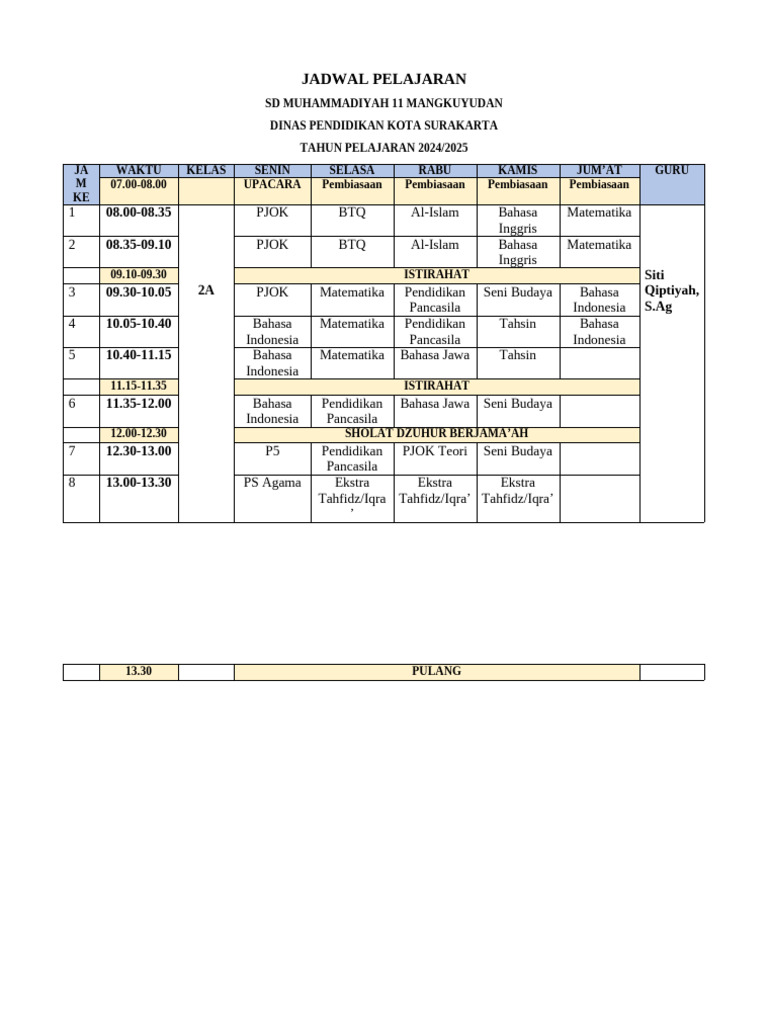 Jadwal Pelajaran Kelas 2a Pdf