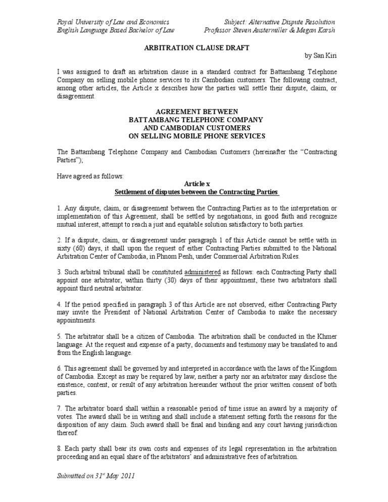 Arbitration Clause Draft-Kiri | Arbitration | Cambodia